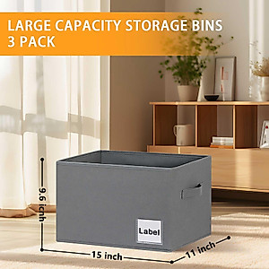 ASXSONN Large Fabric Storage Bins 3 Pack, Collapsible Closet Storage Bins for Shelves with Label, 15x11in Storage Baskets for Shelves, Fabric Closet Organizers and Storage Bins with Handles (Grey)
