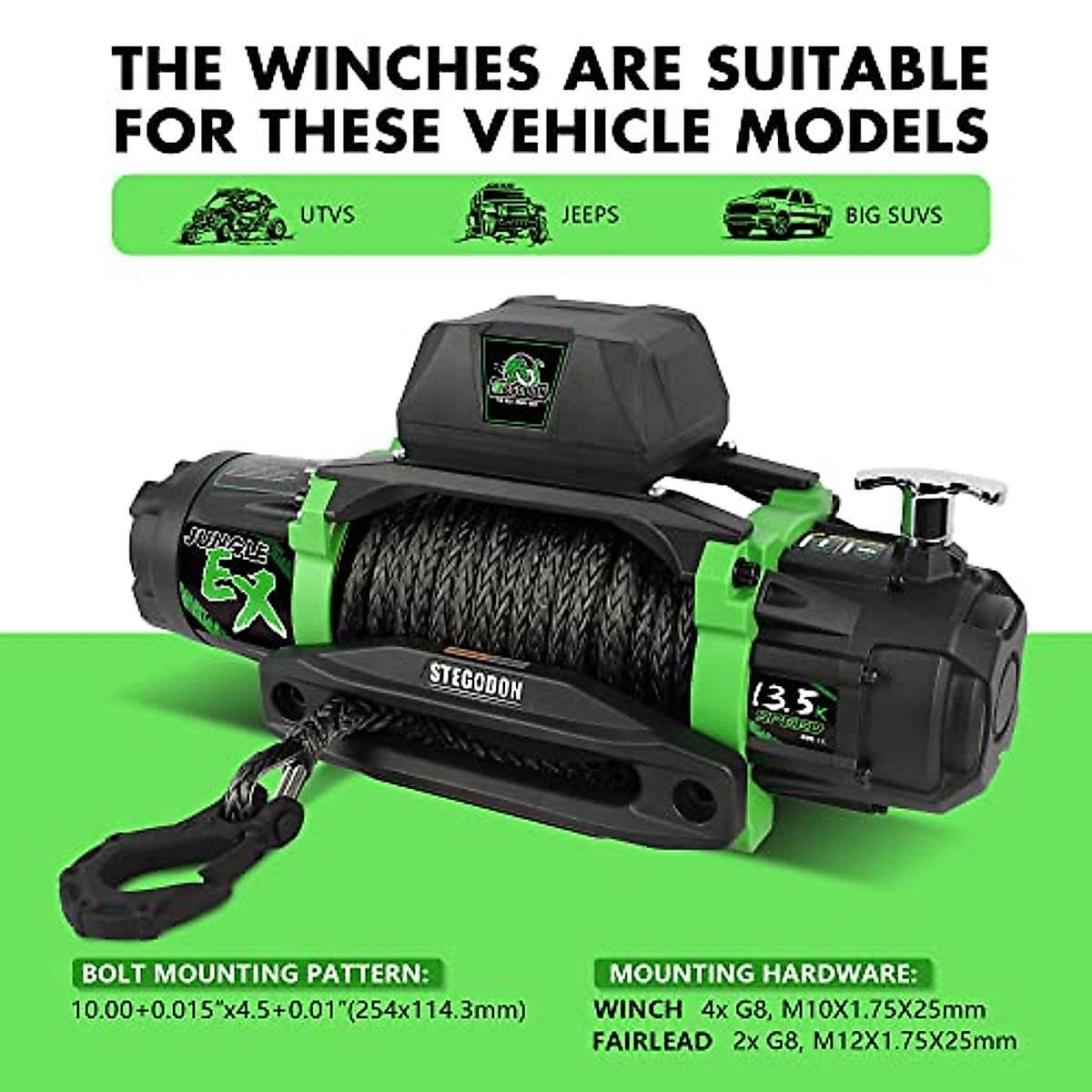 STEGODON Winch 13500 lb. Electric Winch Synthetic Rope Winch，12V Power Waterproof Winch with 2 in 1 Wireless Remote for Towing Jeep Truck Off Road (Jungle EX)
