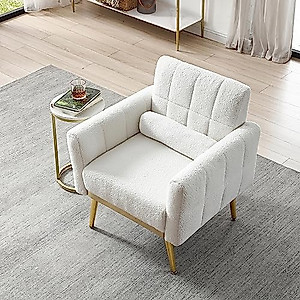 ODUSE-DAILY White Modern Accent Chairs for Living Room, Beige Teddy Fabric Arm Chair, Ivory Cream Single Sofa Chair Couch, Gold Metal Legs, for Living Room Bedroom Office Leisure (1Pcs, White)