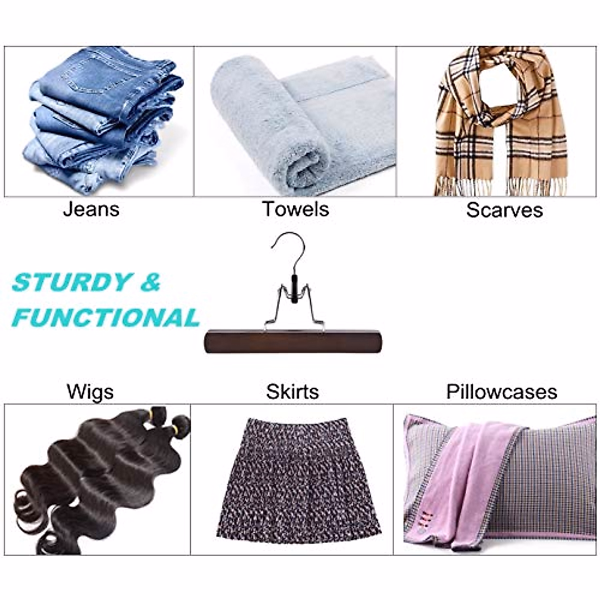 Amber Home Walnut Wooden Pants Hangers 10 Pack, Wood Clamp Hangers with Non Slip Padded Velvet, Jeans/Slacks Hangers Hair Extension Hangers for Skirts, Trousers, Wigs (Walnut, 10)