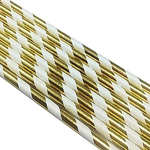 Shining Gold Striped Paper Straws, 100Percent Biodegradable Decorate Straws, Premium Cocktails Straws for Drinking, Juice, Smoothie Packed 100, 6x197mm