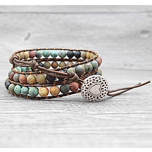 Izpack Fashion Love Heart Beaded Leather 3 Wrap Bracelets for Women Handmade Boho Natural Stone Ball Beads Wrist Bracelet Nice Gifts New Adjustable