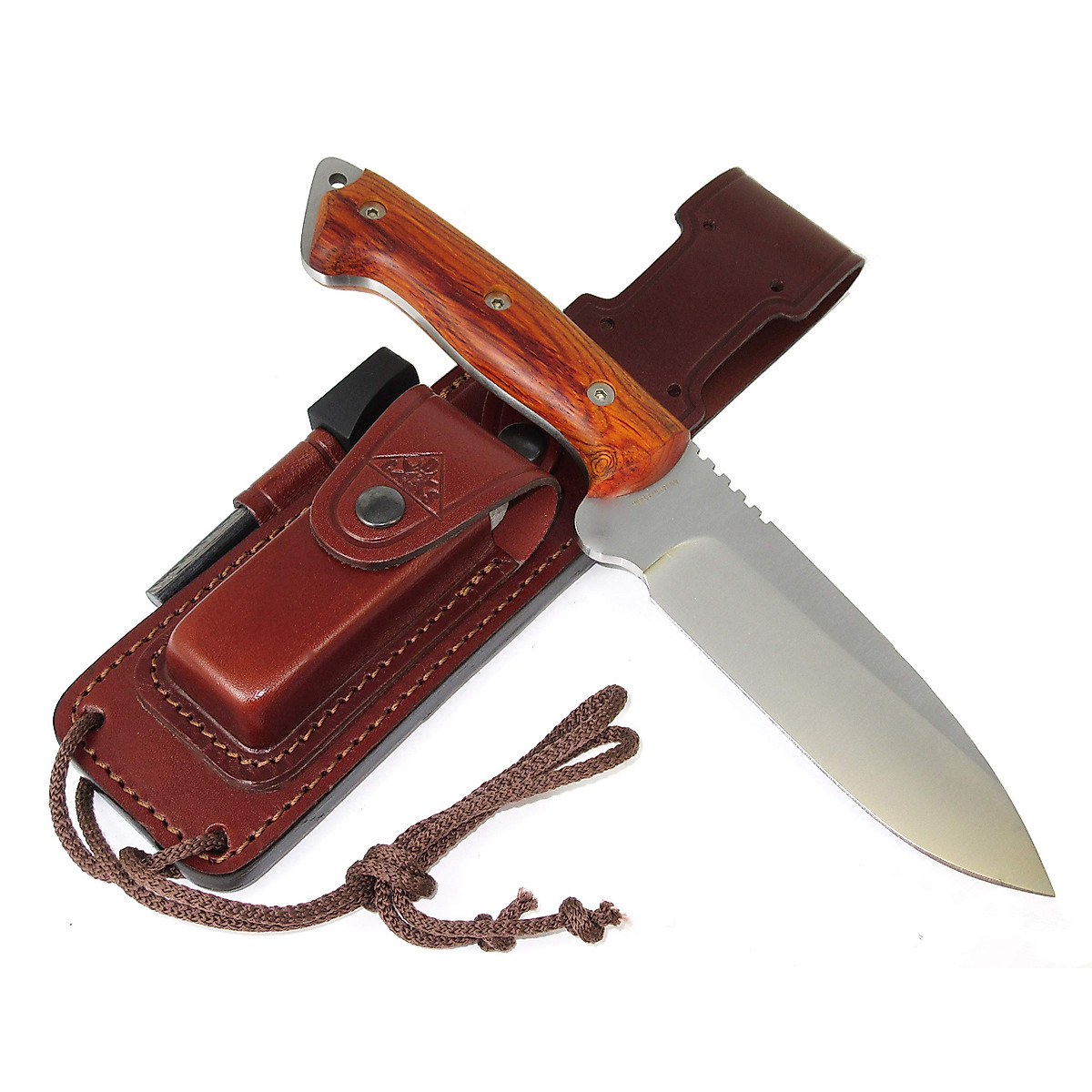 CELTIBEROCOCO - Outdoor / Survival / Hunting / Tactical Knife - Cocobolo Wood Handle, Stainless Steel MOVA-58 with Genuine Leather Multi-positioned Sheath + Sharpener Stone + Firesteel
