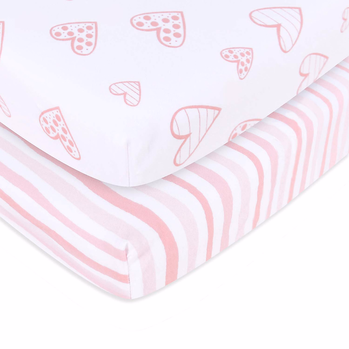 Biloban Crib Sheets Fitted, 2 Pack Crib Sheet Fits for Standard Crib and Toddler Mattress, 100% Jersey Knit Cotton Crib Sheet for Baby Boys & Girl, Pink Heart Stripes
