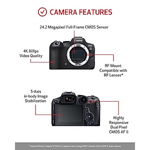 Canon EOS R6 Mark II - Full Frame Mirrorless Camera (Body Only) - Still & Video - 24.2MP, CMOS, Continuous Shooting - DIGIC X Image Processing - 6K Video Oversampling - Advanced Subject Detection