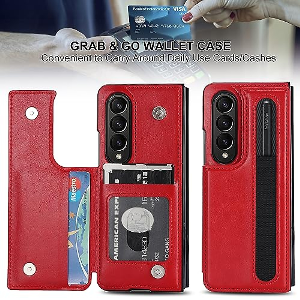 Case Compatible with Samsung Galaxy Z Fold 3 5G Wallet Case with S Pen Holder&Card Holder Kickstand, Women Men Leather Wallet Phone Case for Z Fold 3 Red