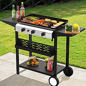 SKOK 3 Burner Gas Griddle- 23.3 Inch Outdoor Propane Griddle-30000 BTU Propane Fuelled, Portable Flat Top Gas Grill Camping Griddle Station with Side Shelves for Kitchen, BBQ, Camping Tailgating