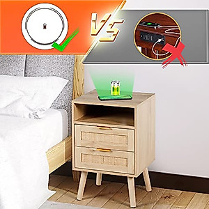 AILEEKISS Rattan Nightstands Set of 2 with Wireless Charging Station Modern Bedside Tables with Solid Wood Feet Night Stands Set of 2 with Drawers and Open Storage Shelf for Bedroom (Natural 2 Sets)