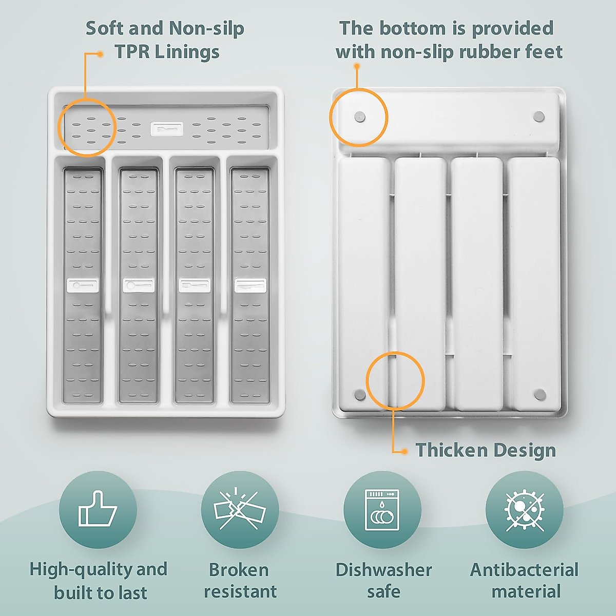 Joequality Silverware Organizer with Icons，Plastic Cutlery silverware Tray for Drawer，Utensil Flatware Tableware Organizer for Kitchen with Non-slip TPR,Fits Standard Drawer,5-Compartment，Grey