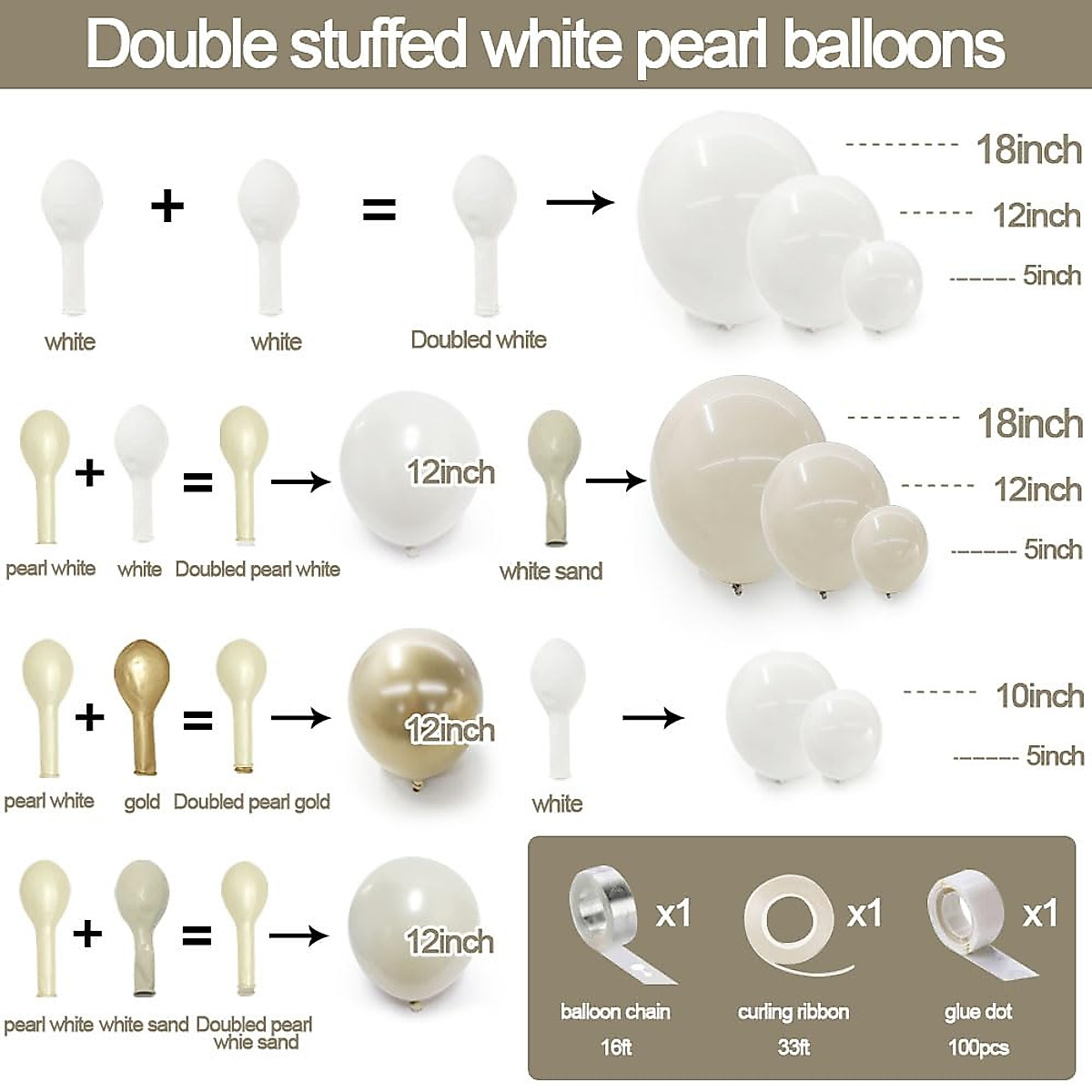 White Balloon Arch Pearl White Balloons Off White Gold Balloon Arch Kit Pearl White Sand Balloons Different Size For Wedding Bridal Anniversary Engagement Prom Party Decorations (WHITE GOLD)