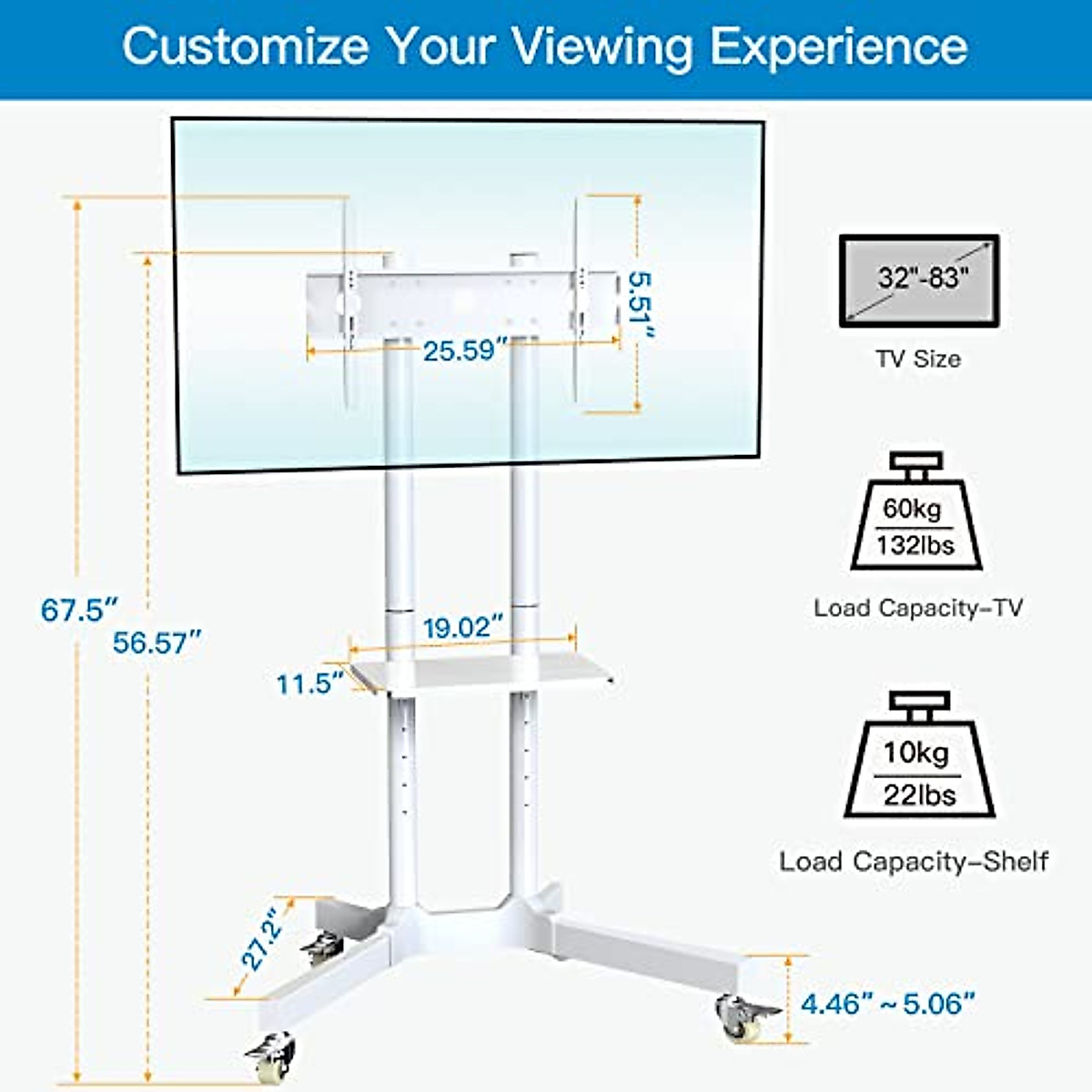 Mobile TV Cart with Wheels for 32-83 Inch LCD LED 4K Flat Curved Screen TVs- Height Adjustable Rolling TV Stand Hold Up to 132 lbs- Trolley Floor Stand with Tray Max VESA 600x400mm White PSTVMC01W