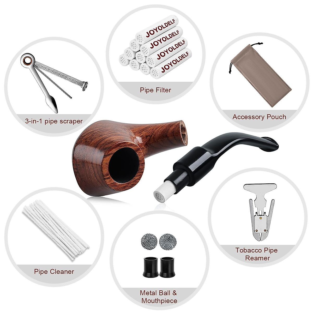 Joyoldelf Smoking Pipe, Wooden Tobacco Pipe with Gift Box, Creative Rosewood Tobacco Pipes for Smoking (no Need Tobacco Pipe Stand) with Pipe Scraper, 9mm Pipe Filter and Smoking Accessories