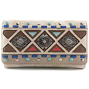 Zelris Colorful Native Tribal Patterns Concho Crossbody Wrist Trifold Wallet (Beige)