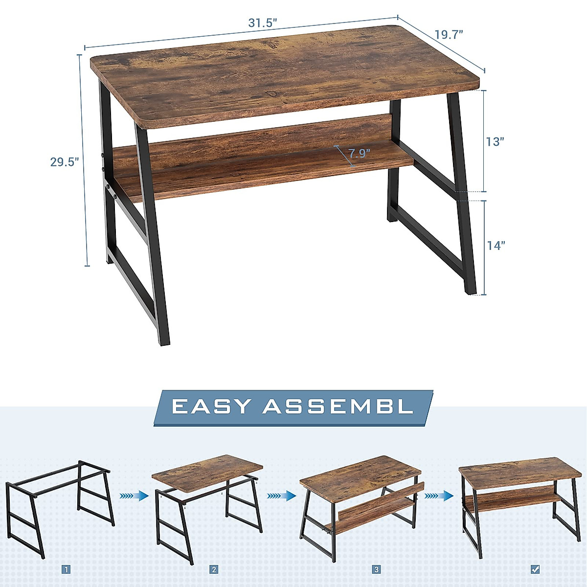 Topfurny Computer Desk 32 Inch Modern Sturdy Writing Desk with Bookshelf Study Table Desk with Metal Legs Industrial Table for Home Office for Small Space, Rustic Brown