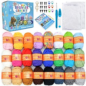 24 Pack Beginners Crochet Yarn Blue Green Pink Purple Yellow Rainbow Cotton Crochet Yarn for Crocheting Knitting Beginners with Easy-to-see Stitches Mini Crochet Yarn for Beginners Crochet Kit(24x25g)