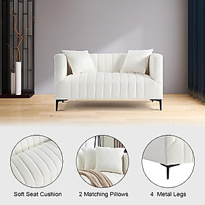 Get Set Style Modern Accent Loveseat Sofa Couch, Tufted Bouclé Upholstered Sherpa Deep Seat Cloud Couch with 2 Pillows, Comfy 2 Seater Love Seat for Living Room Apartment Office Lounge Studio (White)