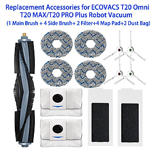 Deebot T20 Series Replacement Accessories for ECOVACS T20 Omni/MAX/PRO Plus Robot Vacuum 1 Main Brush 4 Side Brushes 2 Filter 4 Map Pads 2 Dust Bag Parts