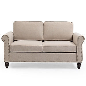 Loveseat Sofa 54" Small Couch, Mid Century Modern Linen Fabric 2-Seat Sofa Couch Love Seat for Living Room, Bedroom, Office and Small Spaces, Solid Wood Frame, Light Beige