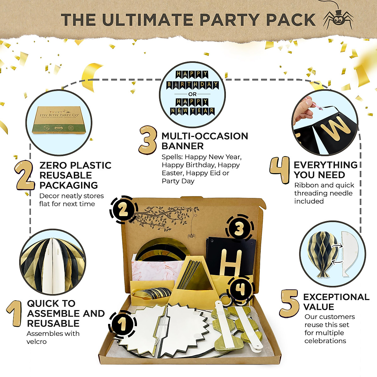 Premium Reusable Party Decorations - New Years Decorations 2024 - Multi-occasion Happy New Year Banner changes to Happy Birthday +more - Happy New Year Decorations 2024, New Years Eve Party Supplies