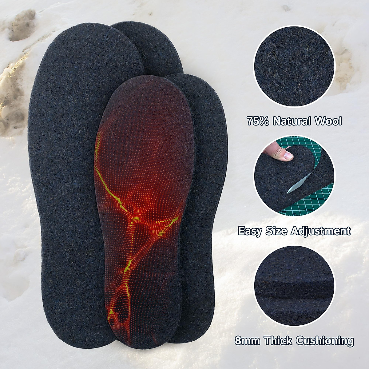 The Felt Store 8mm Long-Lasting Wool Felt Insoles for Men and Women, Warm Wool Boot Insoles for Winter, Adjustable Wool Insoles, 2 Pair - Size 10