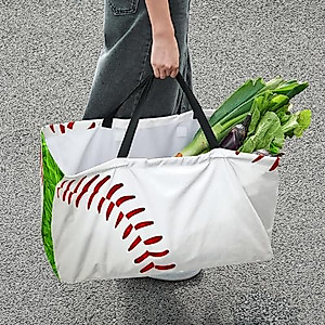 suojapuku Reusable Grocery Bags,Green grass and baseball,Lightweight Recycling Shopping Totes Bag with Handle for Groceries
