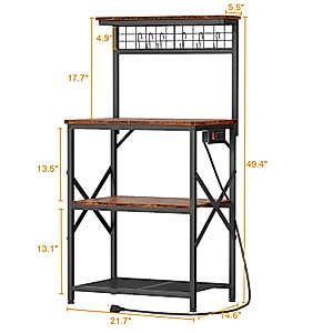 Furologee Kitchen Bakers Rack with Power Outlet, Microwave Oven Stand with Storage 4 Tiers, Coffee Bar Table with 6 S Hooks, Kitchen Storage Shelf Rack for Spices, Pots, Rustic Brown