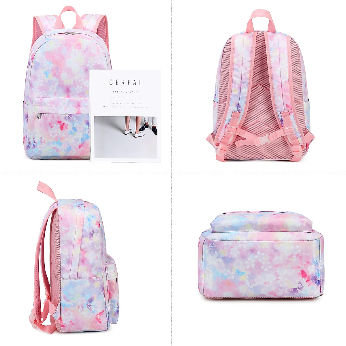 BGS BIGSUCS Girls Backpack for Kids Butterfly School Backpack Preschool Kindergarten Elementary School Bag with Insulated Lunch Tote and Pencil Pouch