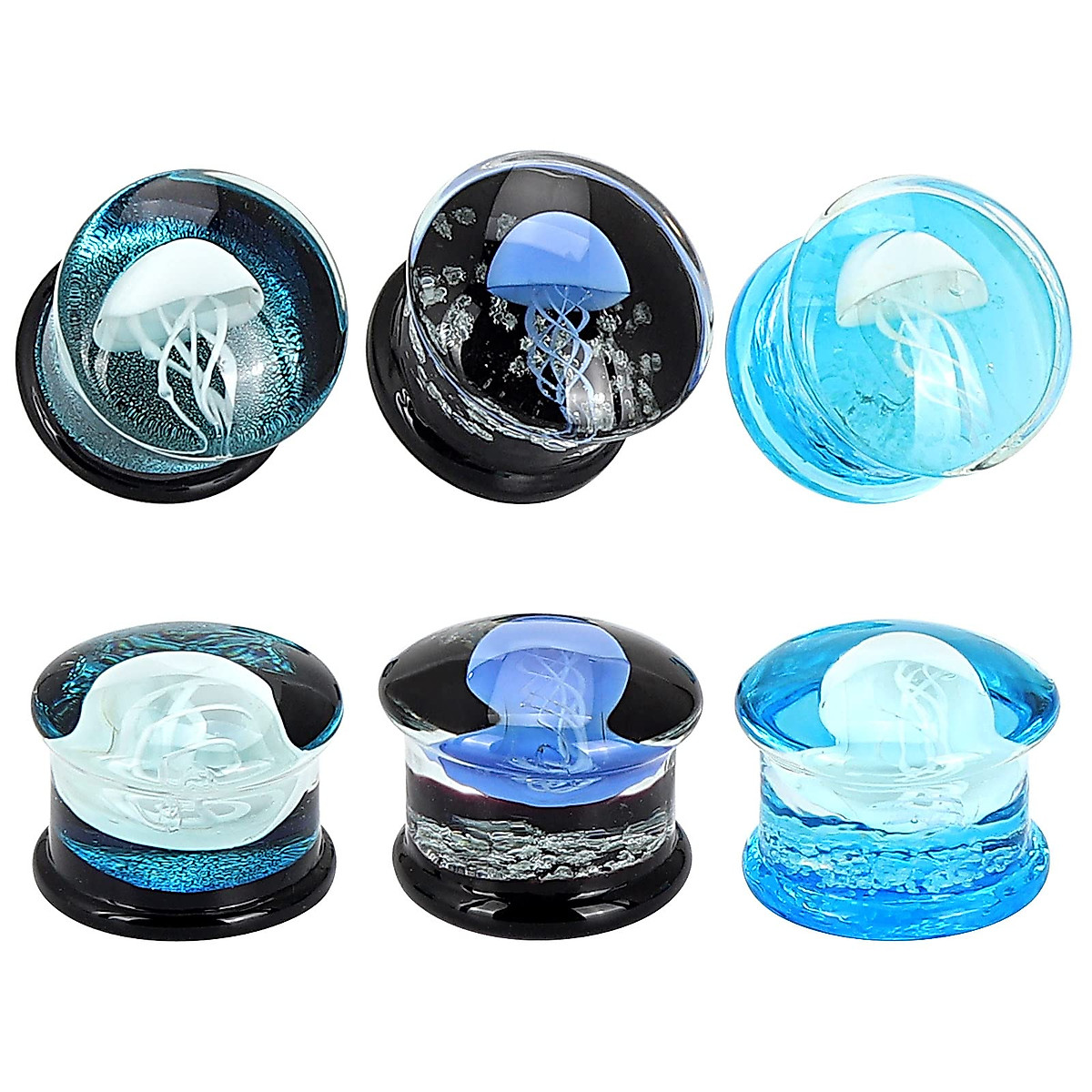 Qmcandy 6pcs Glass Gauges Jellyfish Saddle Ear Plugs Stretching Piercing Gauges 0g
