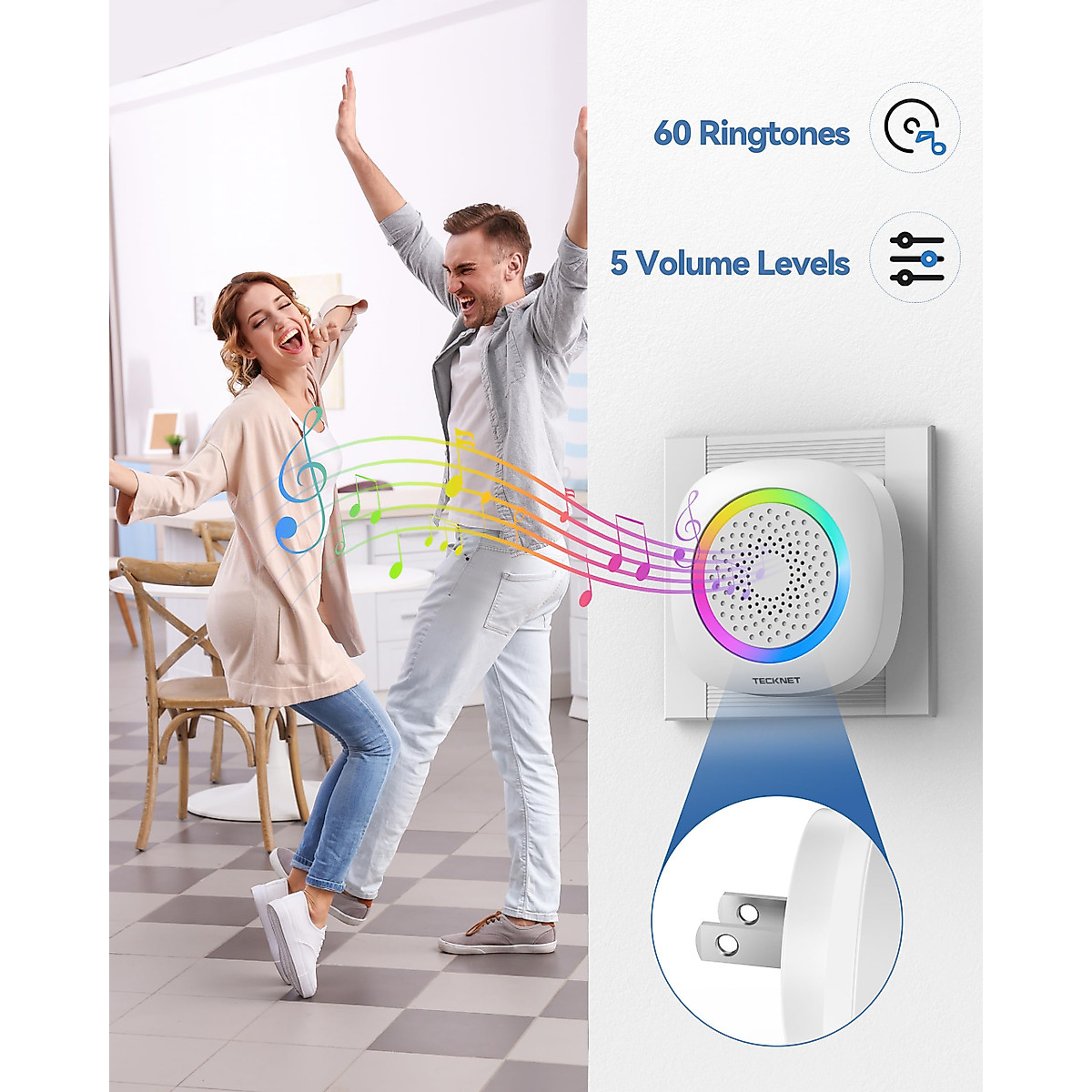 TECKNET Wireless Doorbell, Plug and Play, IP66 Waterproof Doorbell with RGB Light, 1300ft Door bell Kit, 60 Chimes & 5 Level Volume, 4.5 Years Using Time Cordless Doorbell for Classroom, Home