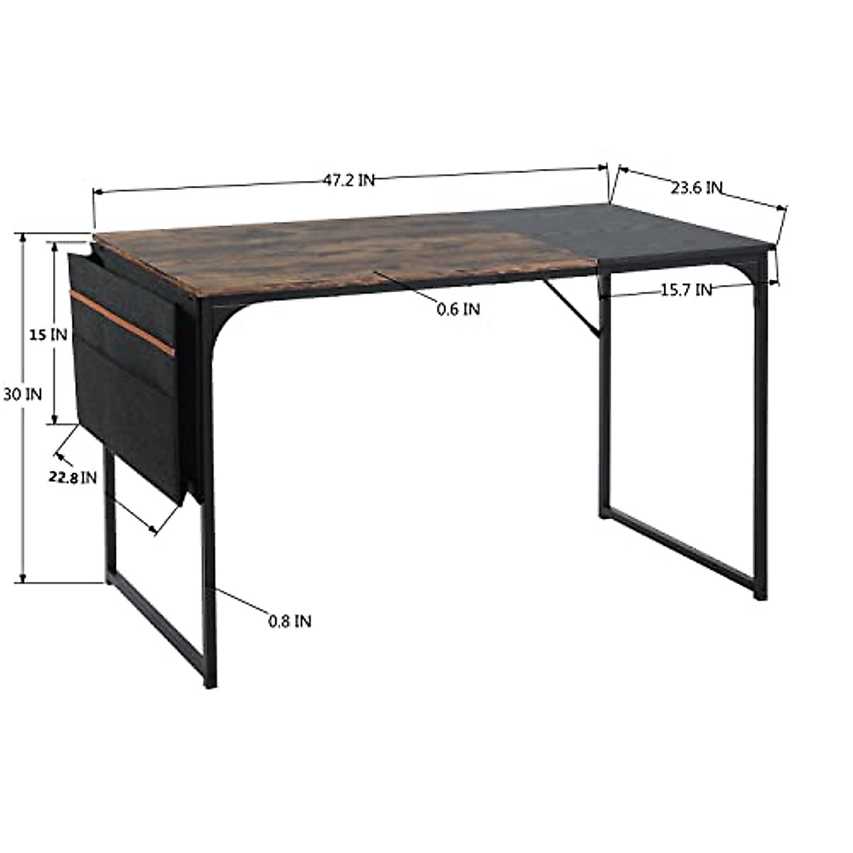 Homy Casa Inc 47 inch Study Storage Bag Space Saving for Home Office, Modern Simple Style PC Metal Frame Computer Desk, Writing Table, Brown, Black