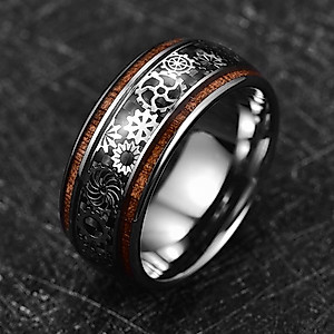TUNGSTORY 10mm Hawaiian Koa Wood Engagement Band Steampunk Gear Wheel Tungsten Carbide Promise Ring for Him Size 12