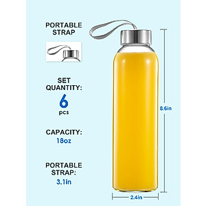 QCen 18oz Clear Glass Bottle for Juicing, Reusable Glass Water Bottles for Juicer Machine, with Stainless Steel Leak-Proof Lids, Wide Mouth Liquid Storage Containers, BPA Free, Set of 6
