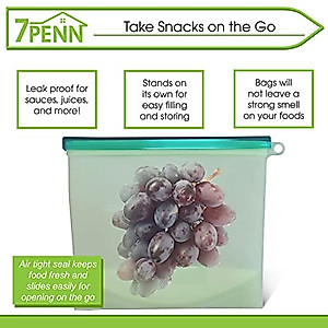 7Penn Silicone Food Storage Bag, 1500mL - 1pk Washable 9.3 x 7.6in Green Reusable Food Bags for Sandwiches and Snacks
