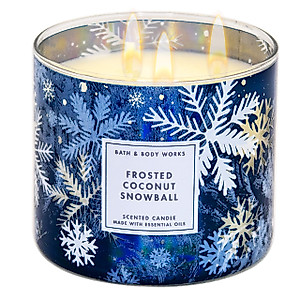White Barn Bath and Body Works, 3-Wick Candle w-Essential Oils - 14.5 oz - 2020 Holidays Scents (Frosted Coconut Snowball), White Soy Wax, Blue and White Jar Print, Gold Lid, Transparent Glass
