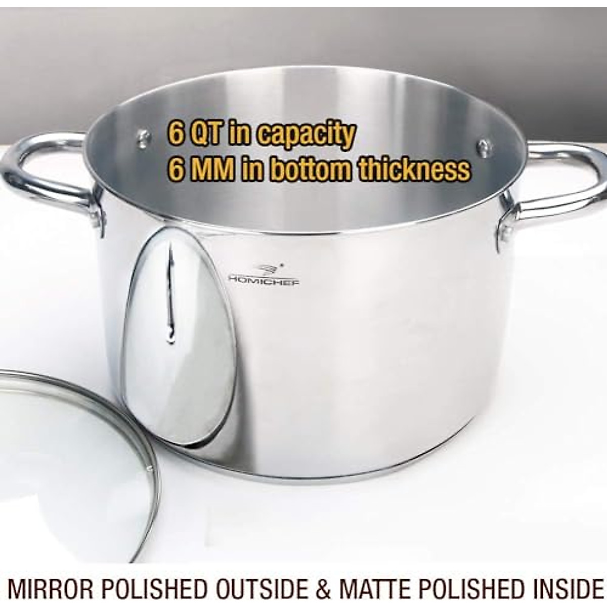 HOMICHEF Stock Pot 6 Quart Nickel Free Stainless Steel - 6 Quart Pot With Lid and Handle - 6Qt Saucepan With Lid - Soup Pot Small Cooking Pot 6 Quart - 6 Qt Pot With Glass Lid - Induction Pot With Lid