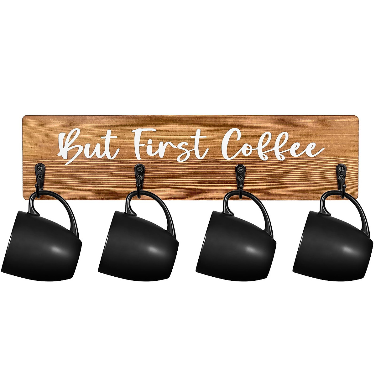 Bivvclaz Coffee Mug Holder Wall Mount, Wooden Coffee Cup Holder, But First Coffee Rustic Wood Wall Sign Decoration, Mug Hanger Organizer Shelf Rack, Farmhouse Kitchen Decor and Coffee Bar Accessories