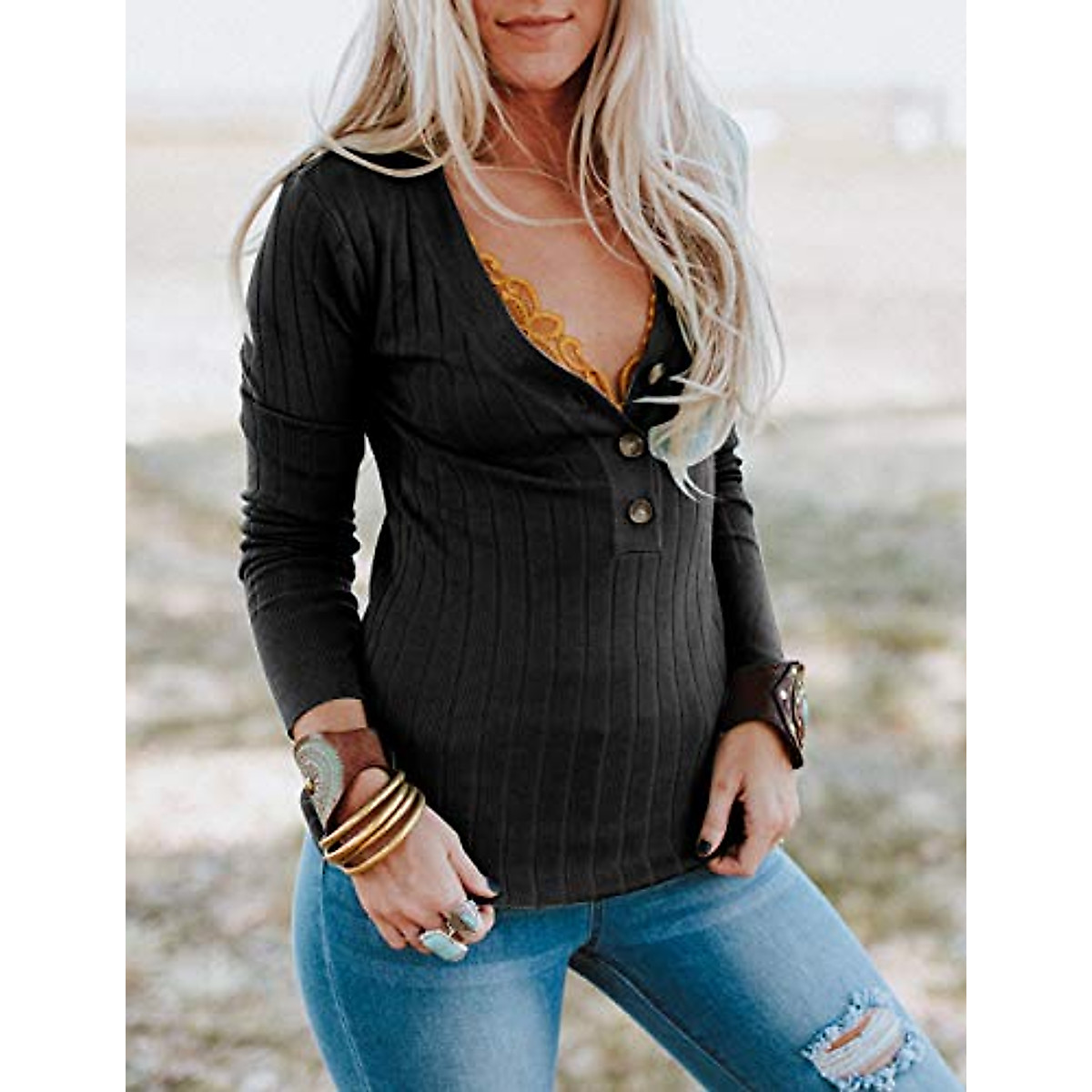 MEROKEETY Women's Long Sleeve V Neck Ribbed Button Knit Sweater Solid Color Tops Black