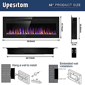 Upesitom 50" Electric Fireplace Insert Recessed & Wall Mounted, 750/1500W Linear Electric Fireplace Insert with 12 Adjustable Flame Colors, Bracket, Timer, Remote Control