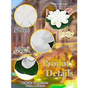 Hortsun 9 Pack Floating Pool Lights Lotus Flower Lantern Artificial Foam LED Lifelike Pool Lights Battery Operated Pool Lantern Pond Decoration(White, Yellow Light, 3.94 Inch)