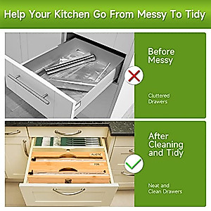 JIAFUEO Foil and Plastic Wrap Organizer, 2 in 1 Plastic Wrap Dispenser with Cutter and Labels, Aluminum Foil Organization and Storage, Bamboo 12" Roll Organizers Holder for Kitchen Drawer