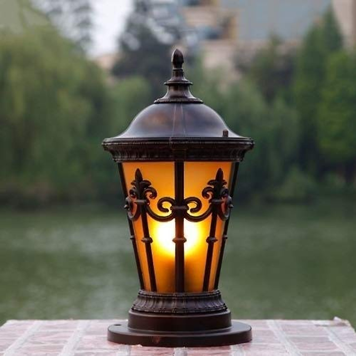 ZMY Industrial Glass Garden Courtyard Pillar Light Villa Home Decorative Waterproof Column Lantern Aluminum Metal Post Lighting Vintage Outdoor Retro Pathway Fixture E27 Edison