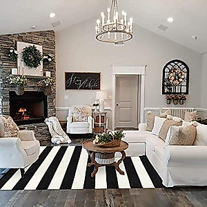 Black and White Rug 4' x 6' Collive Washable Striped Outdoor Indoor Rug Farmhouse Cotton Woven Layered Front Door Mat for Porch/Kitchen/Living Room/Bedroom