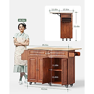 Qsun Kitchen Island with Drop Leaf and Storage, on Wheels Two Drawers, Large Storage Cabinet, Towel Rack Spice Cart Brown