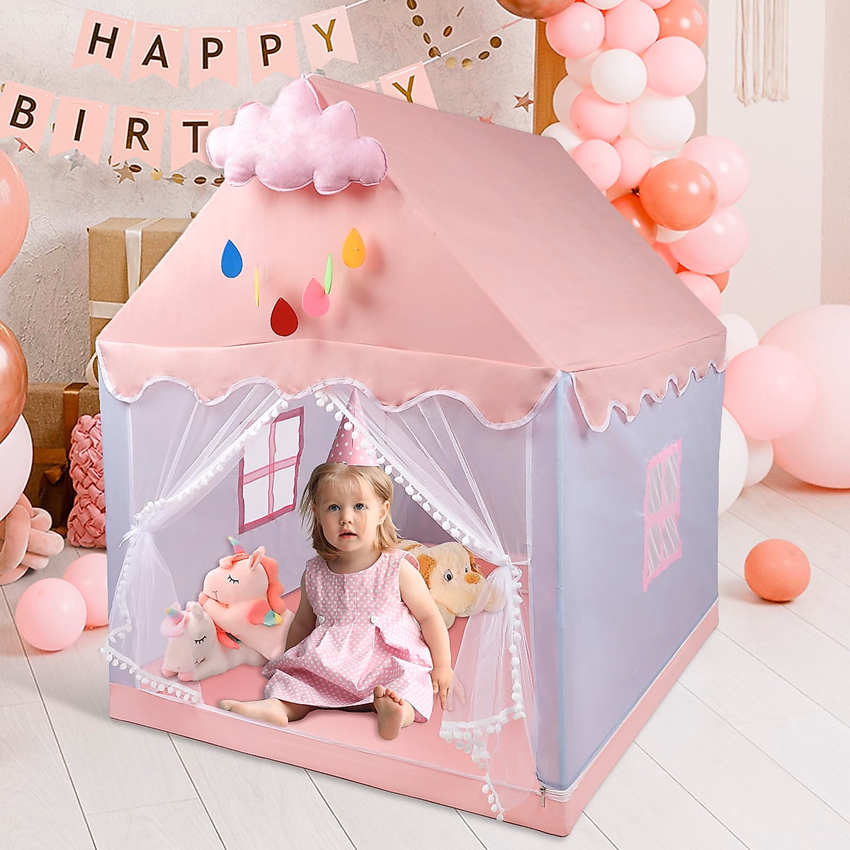 Kids Tent Play Tents for Toddler Children Indoor and Outdoor Large Pink Girls Princess Playhouse Castle with Windows Clouds and Flags Kids Room Furniture 40" L × 48" W × 52" H