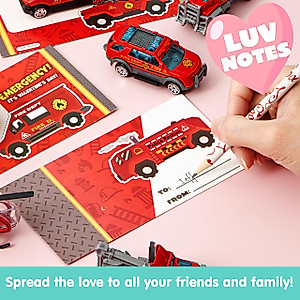 JOYIN 28 Packs Valentines Day Cards with DieCast Fire Rescue Vehicles Toys for Kids Valentine Party Favor, Classroom Exchange Prize and Gifts for Boys, Valentine’s Greeting Cards