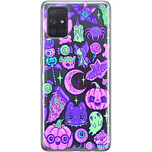 TPU Phone Case Compatible with Samsung A72 A71 5G A70 A51 A50 A32 A21 A11 A12 A13 A14 A01 Ghost Print Lightweight Soft Cat Spooky Cover Bats Flexible Pizza Silicone Purple Pumpkins Shockproof
