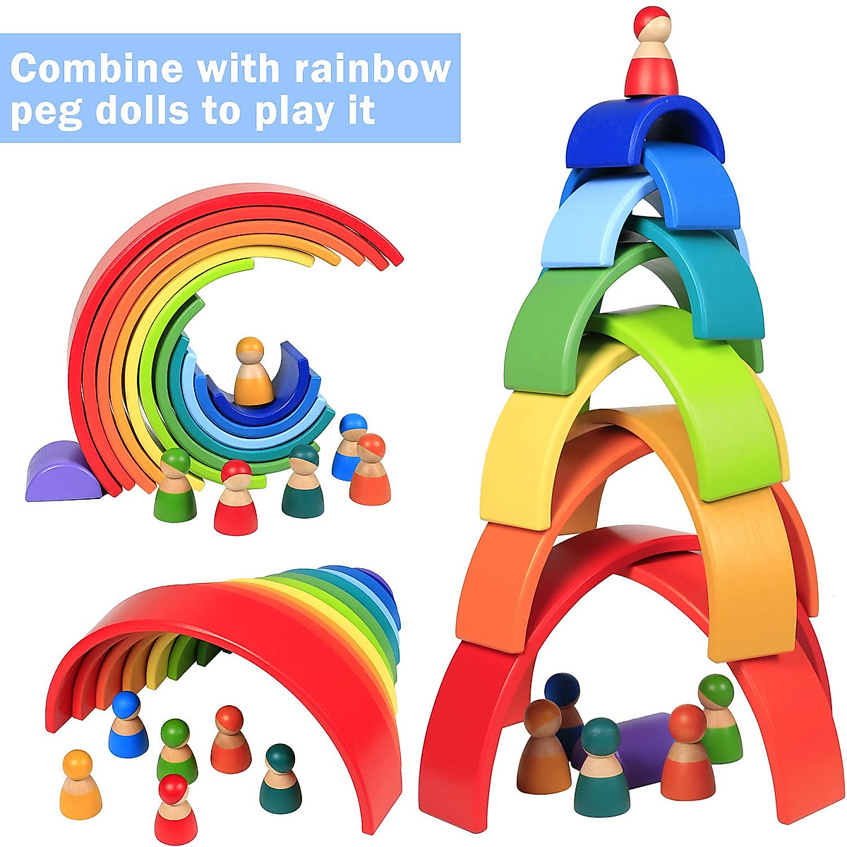 Lewo 12 PCS Wooden Rainbow Stacker Extra Large Stacking Game Nesting Puzzle Building Blocks Educational Toys for Kids Baby Toddlers