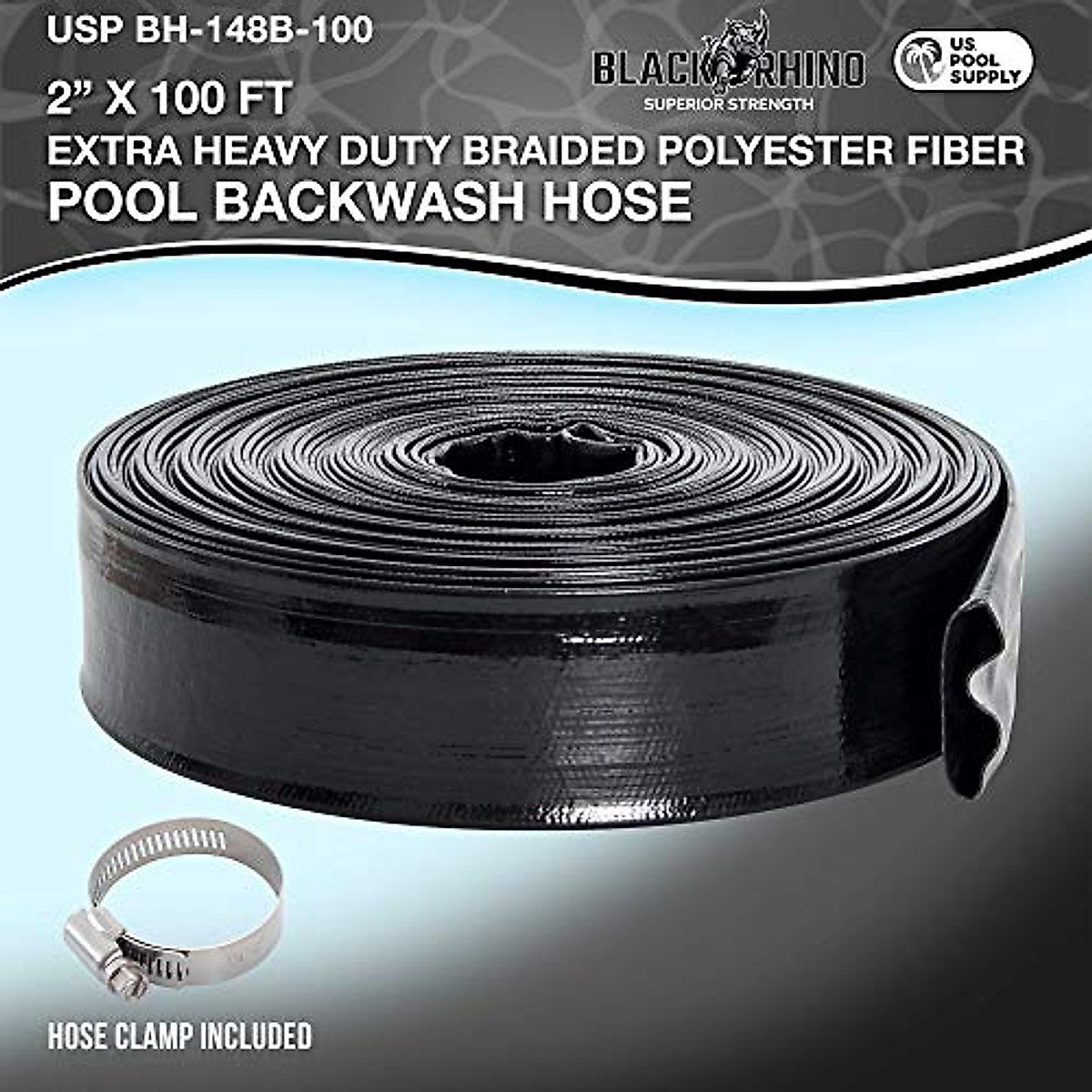U.S. Pool Supply Black Rhino 2" x 100' Pool Backwash Hose with Hose Clamp - Extra Heavy Duty Superior Strength, Thick 1.2mm (47 mils) - Weather Burst Resistant - Drain Clean Swimming Pools and Filters
