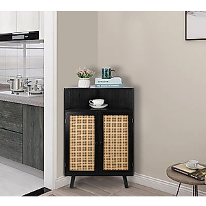 ZYBT Rattan Corner Storage Cabinet, 4-Tier Cabinet with 2 Rattan Doors, Small Wood Corner Table Bar Cabinet, Small Space Freestanding Corner Shelf Stand for Living Room, Bedroom, Kitchen (Black)