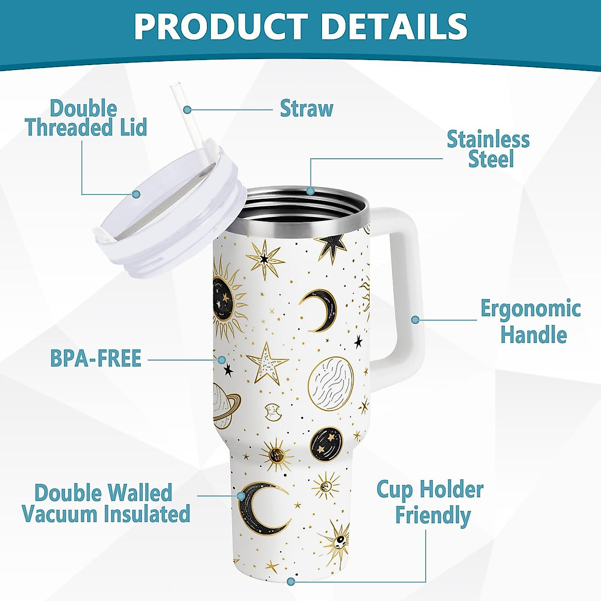 ALAZA Crescent Sun Moon Star 30 oz Tumbler Stainless Steel Water Bottle Vacuum Insulated Cup with Straw Lid & Handle For Travel Car Cup Holder